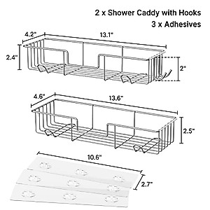 AmazerBath Adhesive Shower Caddy Basket Rack with Hooks, Shower Shelf Wall Mounted, No Drilling Shower Organizer for Bathroom, Rustproof Stainless Steel, 2 Pack, Chrome
