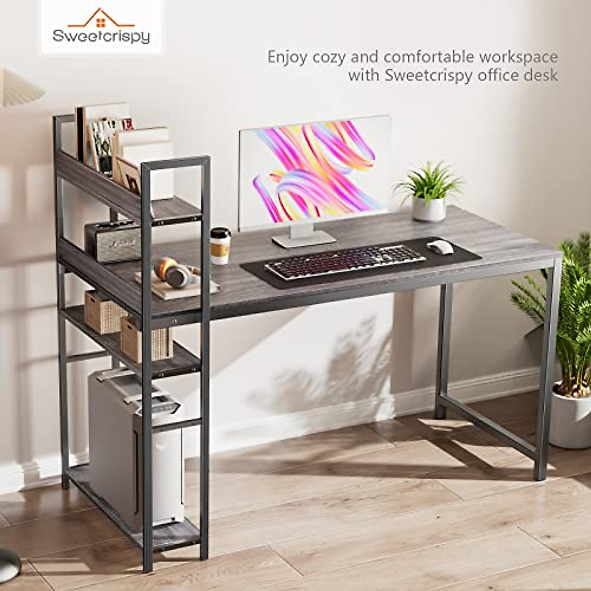 Desk Computer Desk with Shelves, Home Office Desks Table 55 Inch PC Desk Bedroom Desk Work Desk Study Desk Wood Desk with Storage Removable Middle Shelf for Dorm, Student, Gaming