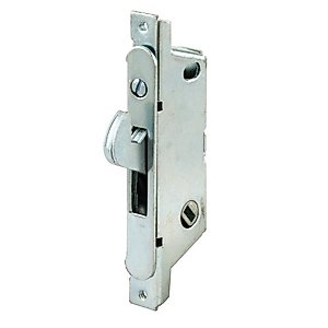 PRIME-LINE E 2121 Mortise Lock - Adjustable, Spring-Loaded Hook Latch Projection for Sliding Patio Doors Constructed of Wood, Aluminum and Vinyl, 3-11/16”, 45 Degree Keyway, Round Face , Zinc