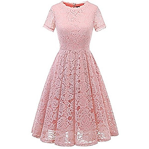 DRESSTELLS Elegant Wedding Guest Dress, Tea Length Mother of The Bride Dresses, Lace Bridesmaid Dress, Semi Formal Cocktail Dresses, Vintage Evening Party Formal Dress with Sleeves Blush XL