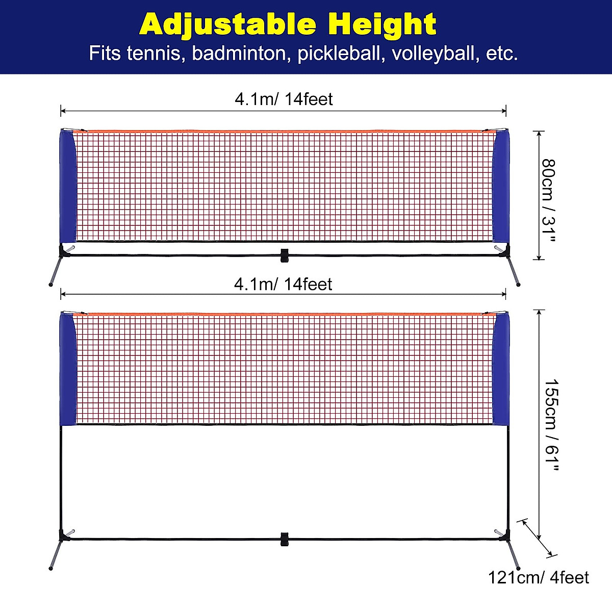 PATIKIL 14Ft Portable Badminton Net, Pickleball Net Set Height Adjustable Tennis Net with Carry Bag for Volleyball Soccer Outdoor Backyard Beach, Black