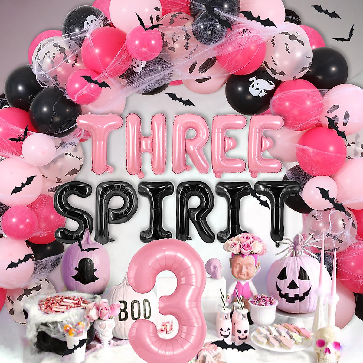 Halloween 3rd Birthday Party Decorations - Three Spirit Black Hot Pink Balloon Garland Kit with Spider Cotton, Number 3 Ghost Bat Foil Balloon Spider 3D Sticker for 3rd Birthday Halloween Decorations