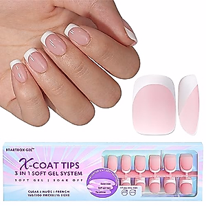 BTArtboxnails French Gel Nail Tips -150Pcs French Tip Press on Nails Pink Extra Short Square 3 in 1 X-coat Tips Pre-applied Tip Primer & Base Coat, No Need to File Fake Nails for Nail Art DIY 15 Sizes