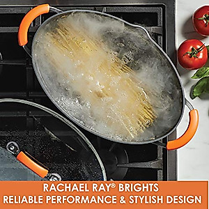 Rachael Ray Brights Hard-Anodized Nonstick Cookware Set, 14-Piece Pot and Pan Set, Gray with Orange Handles & Ray Brights Hard Anodized Nonstick Pasta Pot/Stockpot/Stock Pot - 8 Quart, Gray