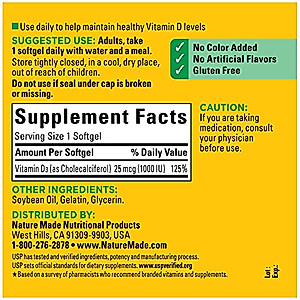 Nature Made Vitamin D3 1000 IU (25 mcg), Dietary Supplement for Bone, Teeth, Muscle and Immune Health Support, 300 Softgels, 300 Day Supply