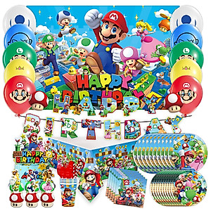 Mario Birthday Party Supplies, 116PCS Mario Party Decorations Include Banners, Backdrop, Plates, Tablecloth, Cup, Forks, Spoons, Cake Topper, straw (10 Guests)