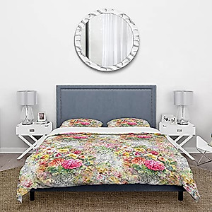 DESIGN ART Designart 'Red Yellow & Pink Flowers with Grunge Floral Background' Traditional Duvet Cover Set Twin