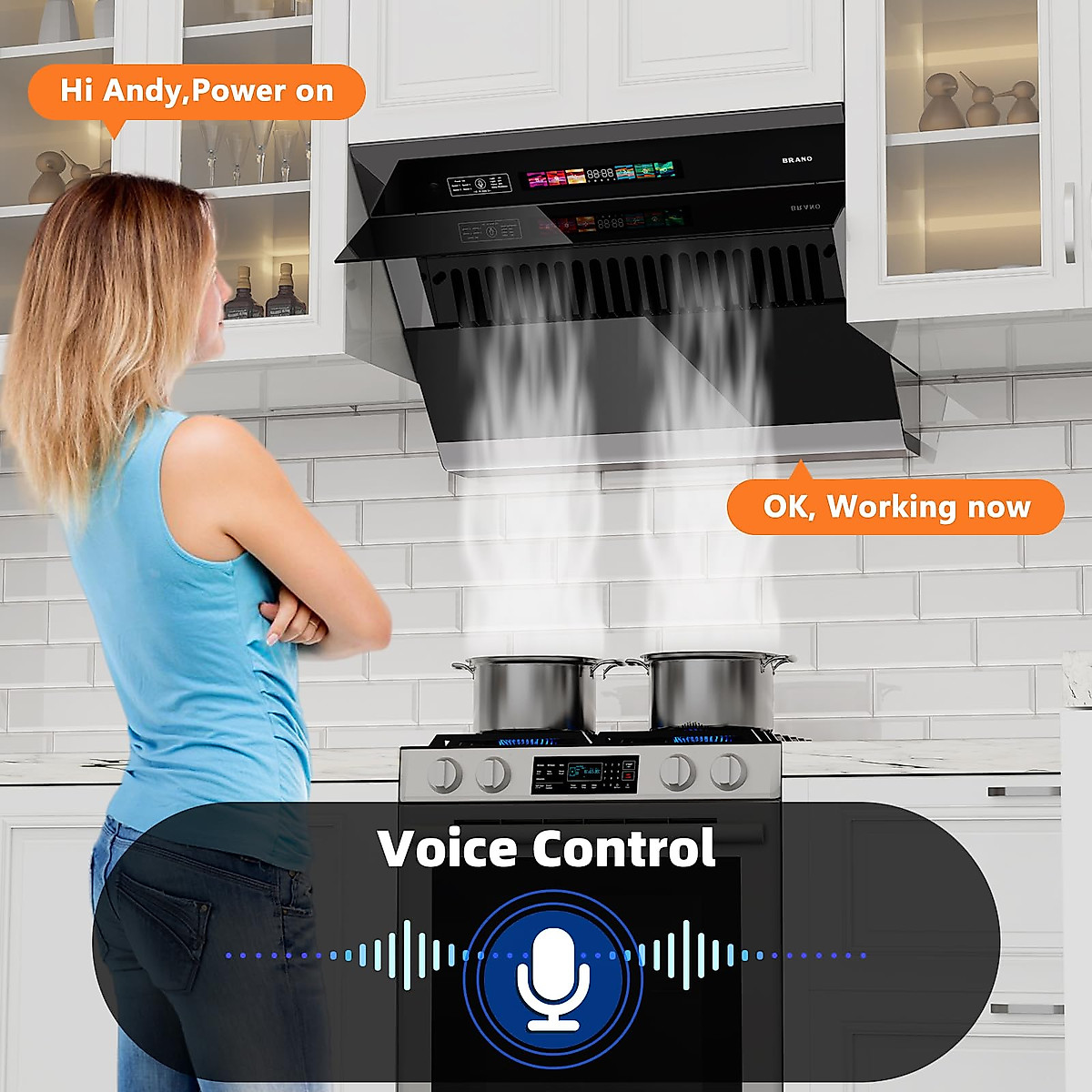 BRANO Range Hood 30 inch with 900CFM, Voice/Gesture Sensing/Touch Control Panel, Unique Side-Draft Design for Under Cabinet Modern Kitchen Hood, Ducted/Ductless Convertible