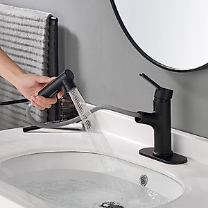 LAZ HOME Bathroom Sink Faucet with Pull Out Sprayer,Brass Single Handle Black Bathroom Basin Faucet with Bathroom Sink Drain Detachable Strainer Basket