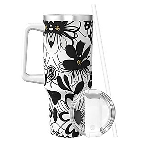 HULIBIN Black and White Flowers Print Double Deck Stainless Steel Travel Coffee Cup With Lid 40 Oz Ice Bully Cup