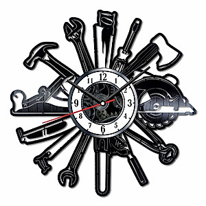 AndrewST Man Instruments Vinyl Wall Clock Vintage Record Silent Clocks - Unique Home Garage Decor Office Hanging Wall Art - Man Tools Black Clock Gifts for Men Father Day - Modern Art - Size 12 Inch