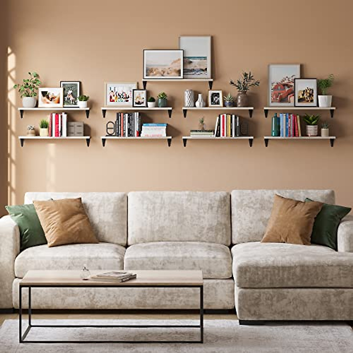 Wallniture Arras 24" Floating Shelves for Wall Storage, Wall Bookshelf Living Room Decor, Wall Shelves for Bedroom & Office, Kitchen Wall Shelf Set of 9, Natural, Wood