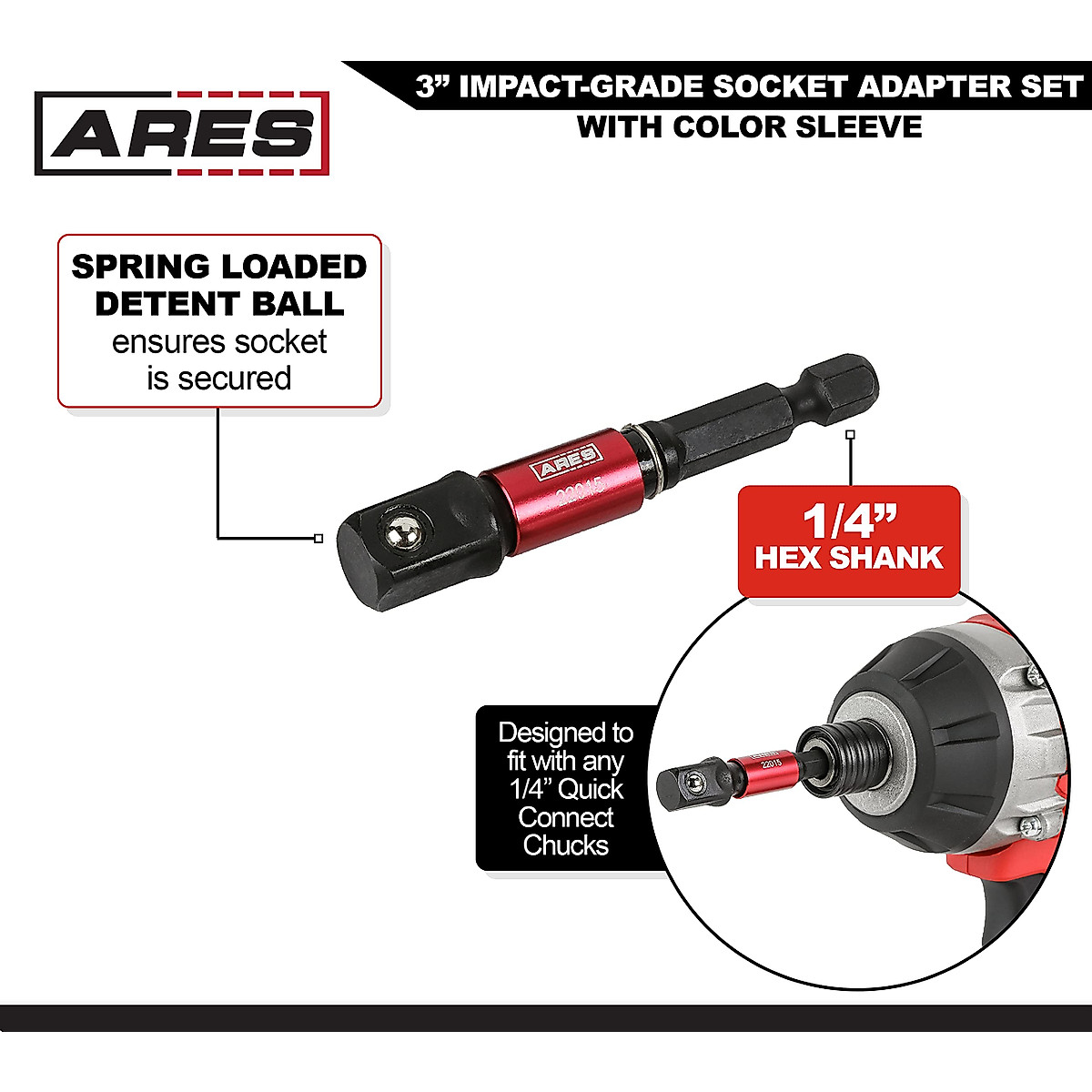 ARES 22011-3-Piece 3-Inch Impact Grade Socket Adapter Set with Color Sleeve - Turns Power Drill into High Speed Nut Driver - 1/4-Inch, 3/8-Inch, and 1/2-Inch Drive