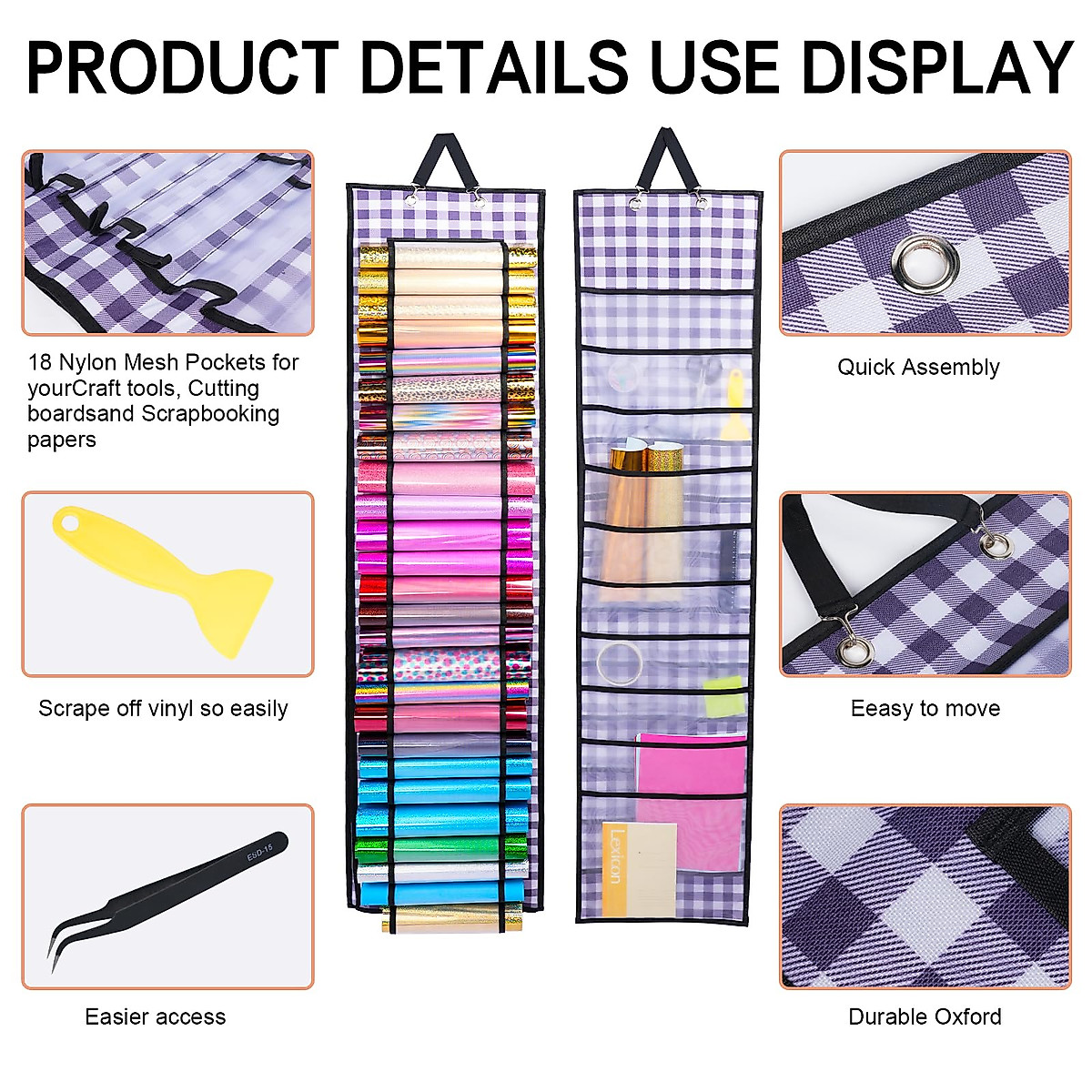 Amremsu Vinyl Roll Rack Vinyl Storage Organizer, 44 Compartment Vinyl Roll Holder with 18 Mesh Bag Storage Wall Mounted/Door Mounted Vinyl Roll Storage,Cricut Vinyl Storage, Vinyl Storage Racks