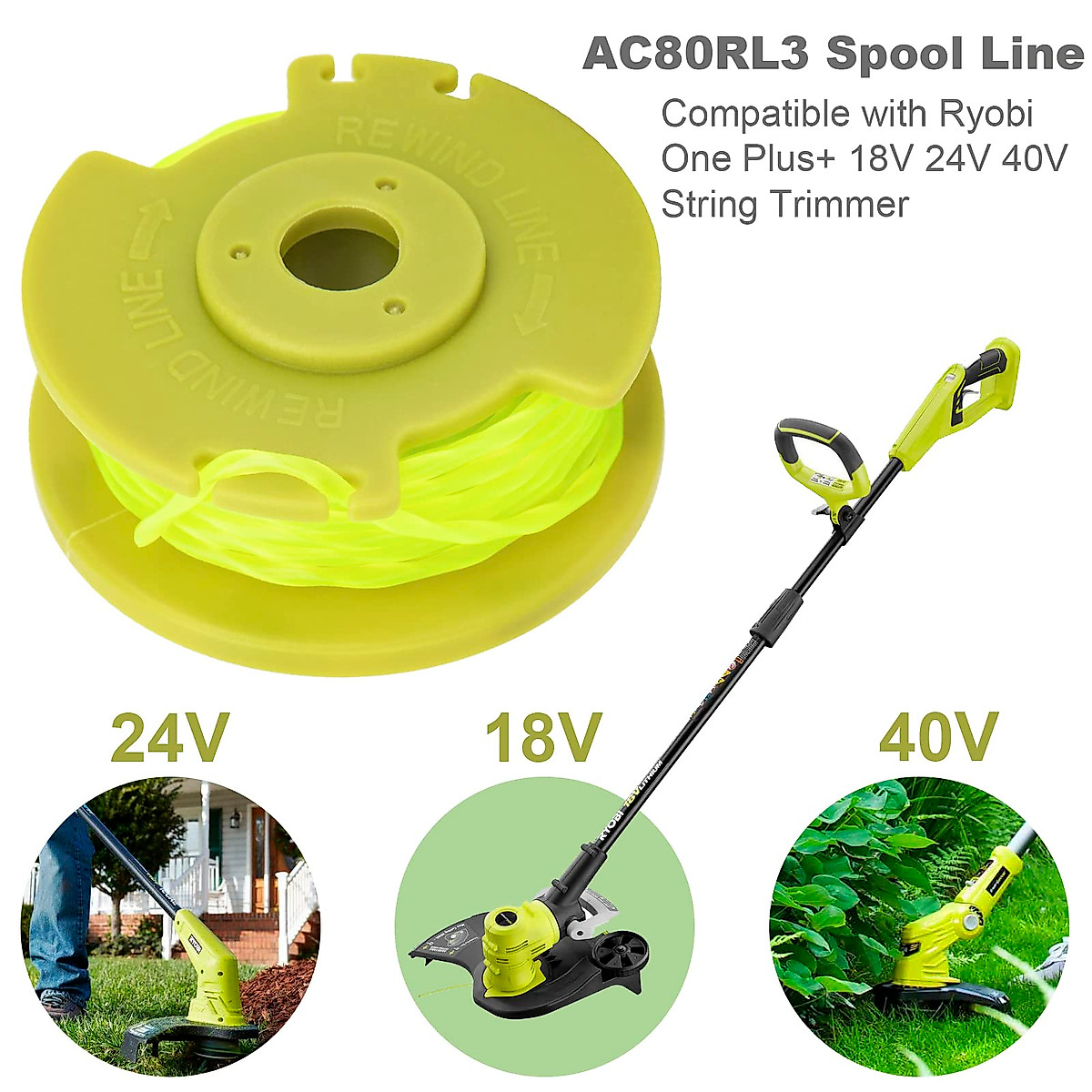 AC80RL3 String Trimmer Replacement Spool Compatible with Ryobi One PLUS+ 18v 24v 40v Weed Wacker String .080 Inch Twisted Line Weed Eater Auto-Feed Replacement Spool (8 Spools + 2 Caps)