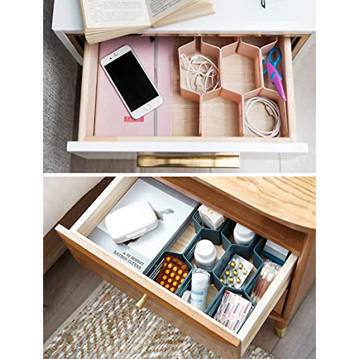 COOLFUNLIFE Plastic Partition Honeycomb Shape Drawer Dividers, Underwear Socks Bras Ties Belts Scarves, Bee Style Household Closet Storage Cabinet Clapboard DIY Drawer Organizer Divider - White