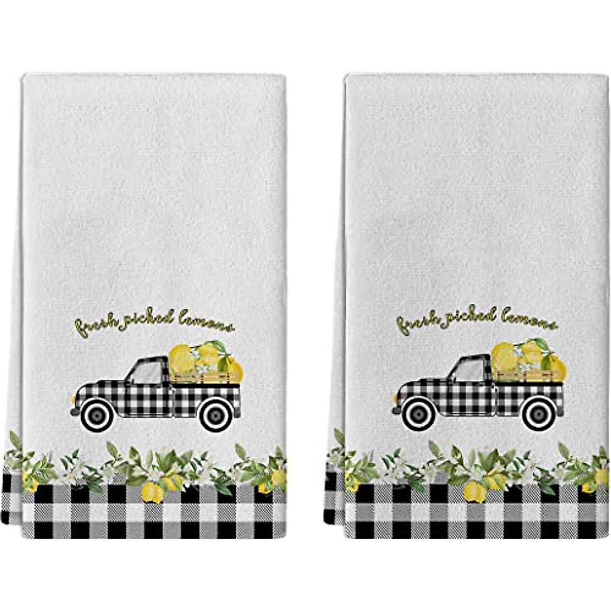 Beisseid Summer Kitchen Towels Floral Fruit Lemon Truck Dish Towels Dishcloth Fingertip Hand Towels Cloth Black Buffalo Plaid Soft Cotton Tea Towel 18x28in