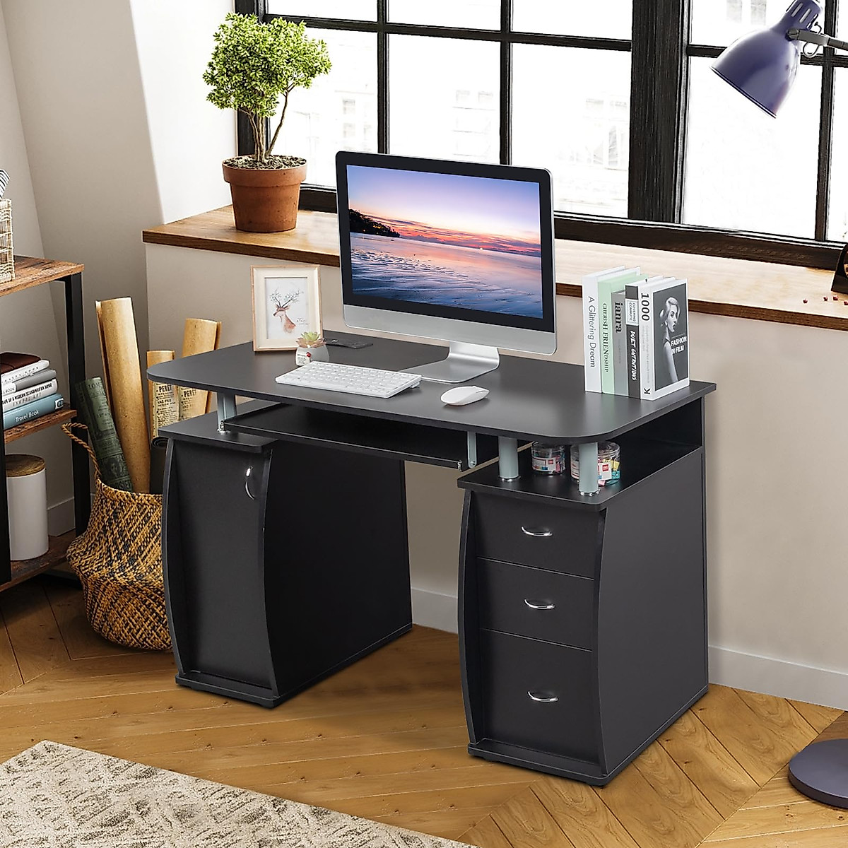 Karl home MDF Computer Desk with Strip Socket, Home Office Desk Writing Desk, Office Table with 3 Drawers and Storage Cabinet for Studio, Apartment, Coffee, Black