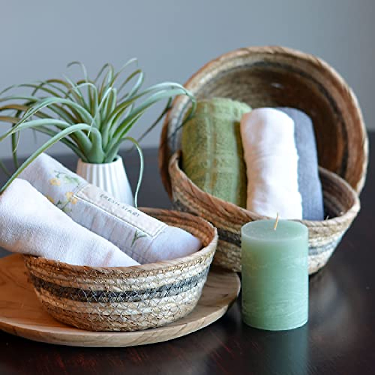 Coastal Grey Stripes 3 Piece Basket Set, Shelf Organizers, Corn Husk Wicker, Chunky Rope Weave, Stitched, Diameter 9.75 Inches