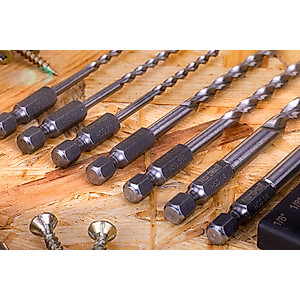 NordWolf 7-Piece HSS Brad Point Wood Drill Bit Set with 1/4" Hex Shank for Carpenter Woodworking, SAE Sizes 1/8"(x3)-3/16"(x2)-1/4"(x2)