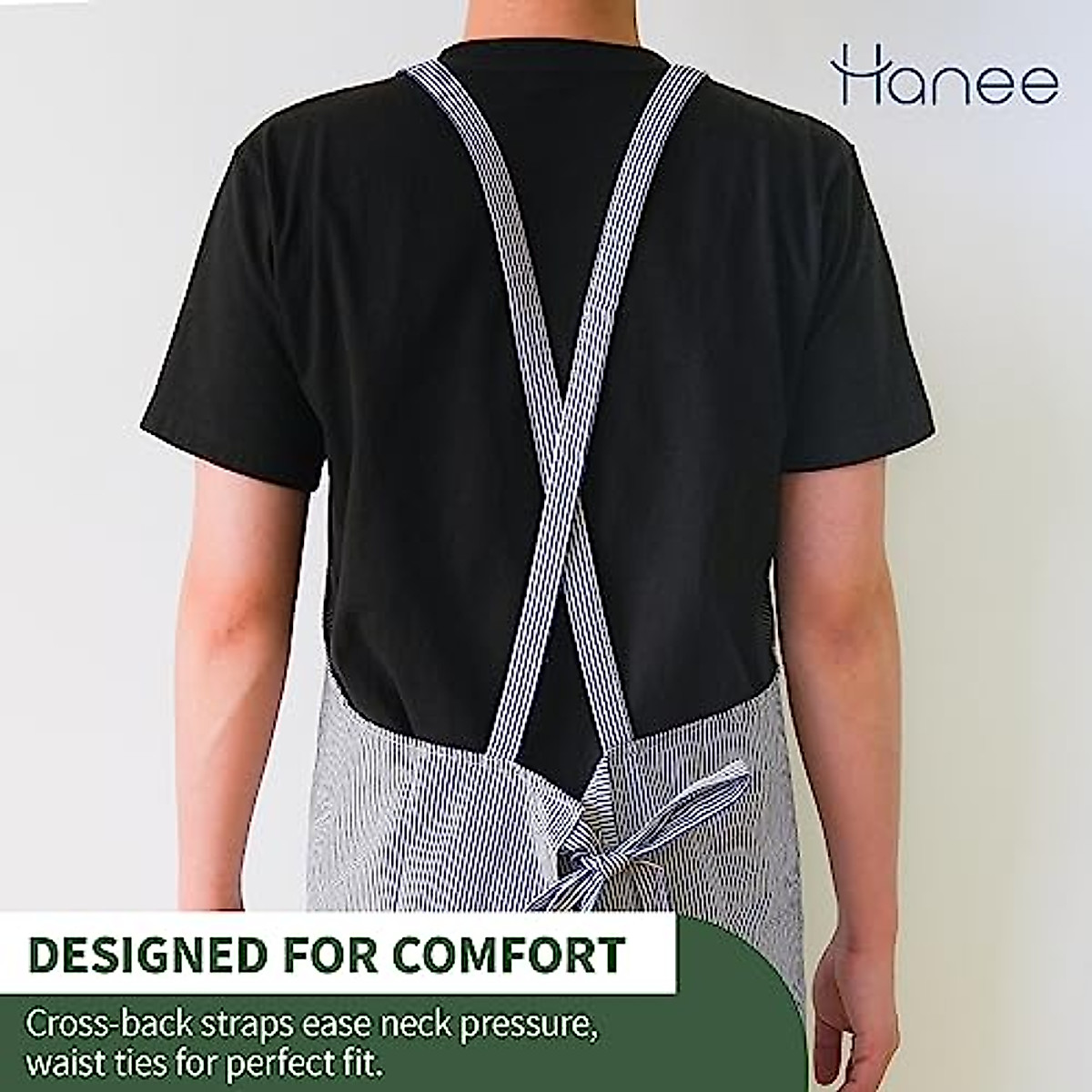 HANEE Cross-Back Apron for Men and Women, Cotton Canvas Apron with Stripes (3 Colors) (Navy Blue)