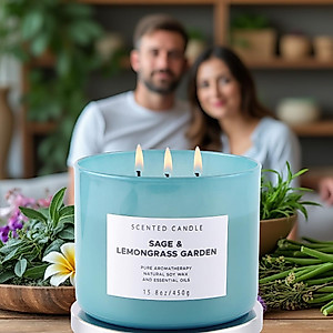Sage Lemongrass Garden Scented Candle | Refreshing Lemongrass Candle for House Cleansing | Natural 3 Wick Soy Candle 15.8 oz | Aromatherapy Relaxing Candle for Women & Men | Clean Burn Scented Candle