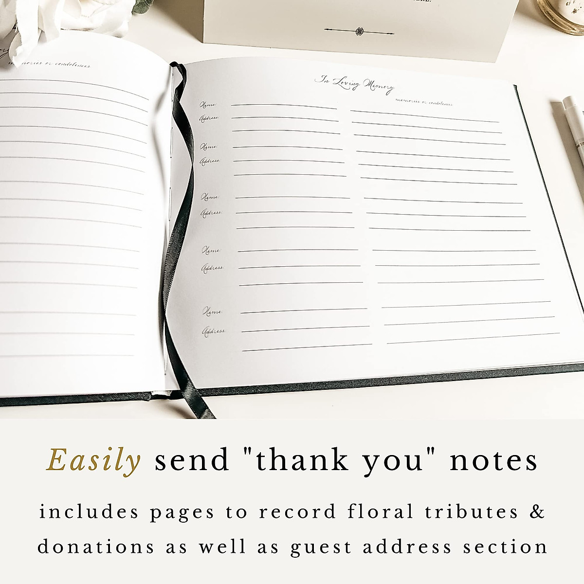 Funeral Guest Book - Elegant in Loving Memory Memorial Service Guest Book for Funeral with Matching Share A Memory Table Stand - 250 Guests Entries with Name & Address, Hardcover (Ivory)