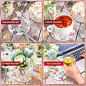 Ceramic Coasters with Holder, Sets of 6 Floral Coasters, Wildflower Ceramic Drink Coaster, Suitable for Kinds of Cups, Wooden Table Decoration, Spring Summer Home Decor, Tabletop Protection 4 Inches