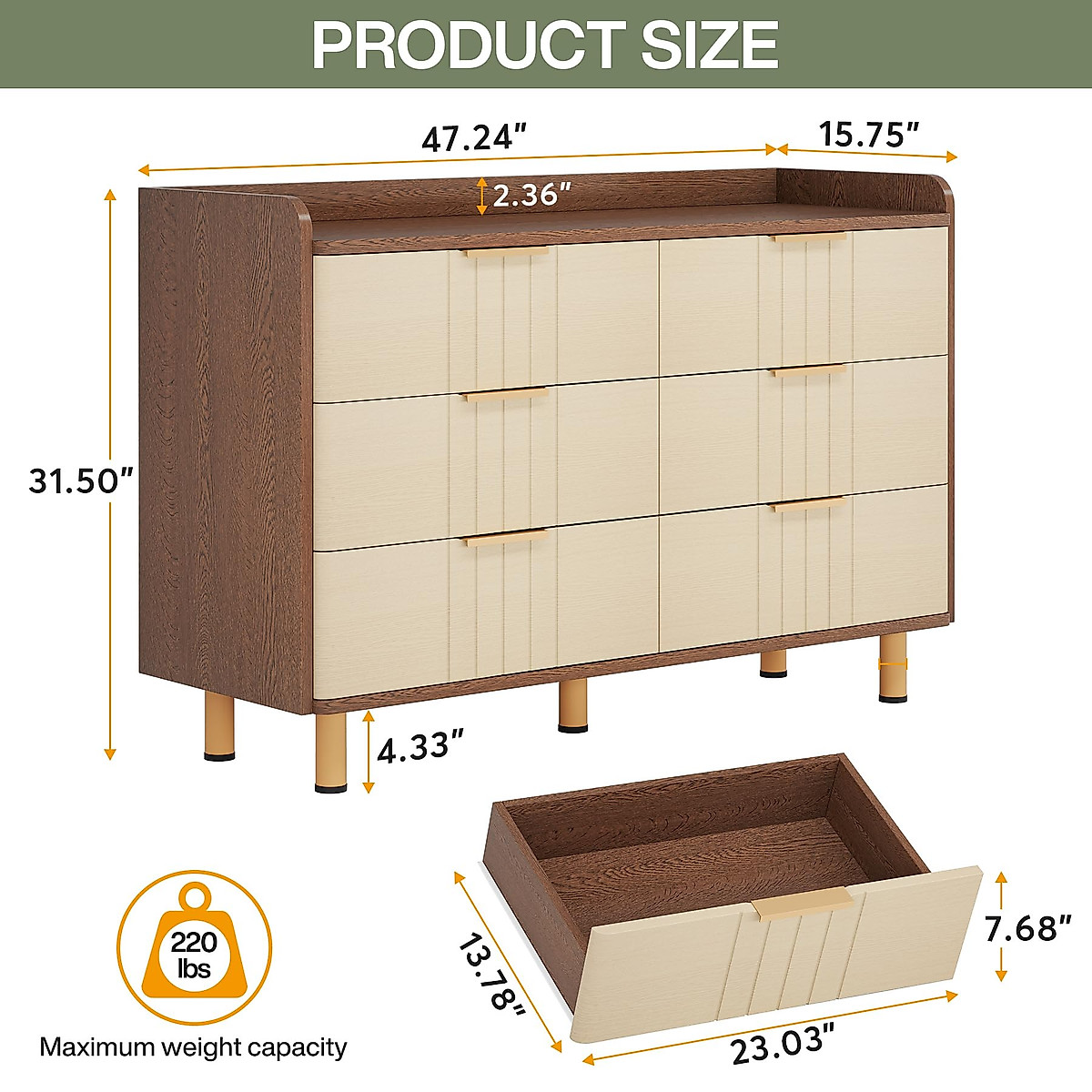 Tribesigns 6 Drawer Double Dresser, Modern Chest of Deep Drawers, Wooden Storage Dresser Organizer with Metal Handles & Sturdy Legs, Large Storage Cabinet for Bedroom, Living Room, Oak & Brown