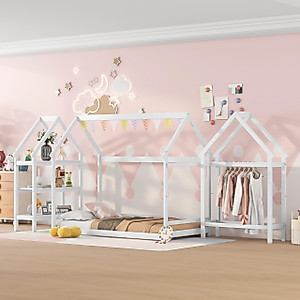 House Bed with Storage, Twin Size Montessori Floor Bed with Detachable Shelves and Hanging Rod, Wooden Floor Bed with Rails and 2 Stands for Kids Boys Girls Teens, White