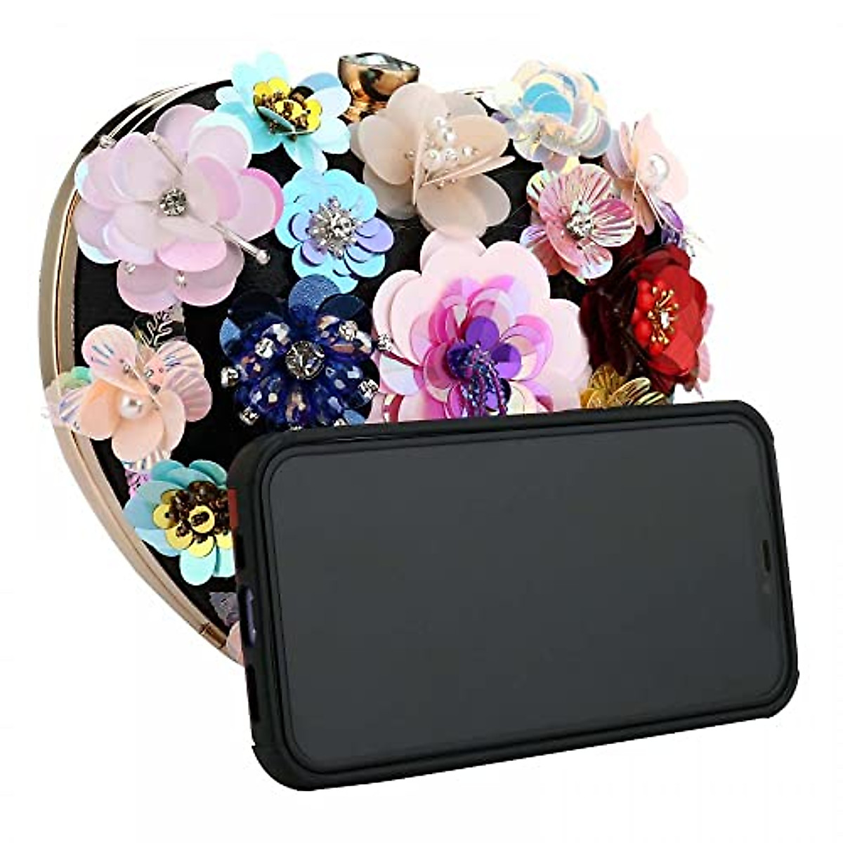 Heart Shape Purse Floral Clutch Purse for Women Mini Vintage Flower Evening Handbag Shoulder Bag (Black)