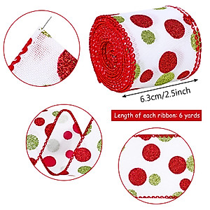 2 Rolls Christmas Ribbons Polka Dot Ribbon Wired Glitter Christmas Wired Ribbons Burlap Decorative Ribbons for DIY Craft Wreath Bows (Green, Red, 2.5 Inch x 6 Yard Per Roll)