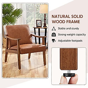 Yaheetech PU Leather Accent Chair, Mid-Century Modern Armchair with Solid Wood Legs, Reading Leisure Chair with High Back for Living Room Bedroom Waiting Room, Light Brown 1