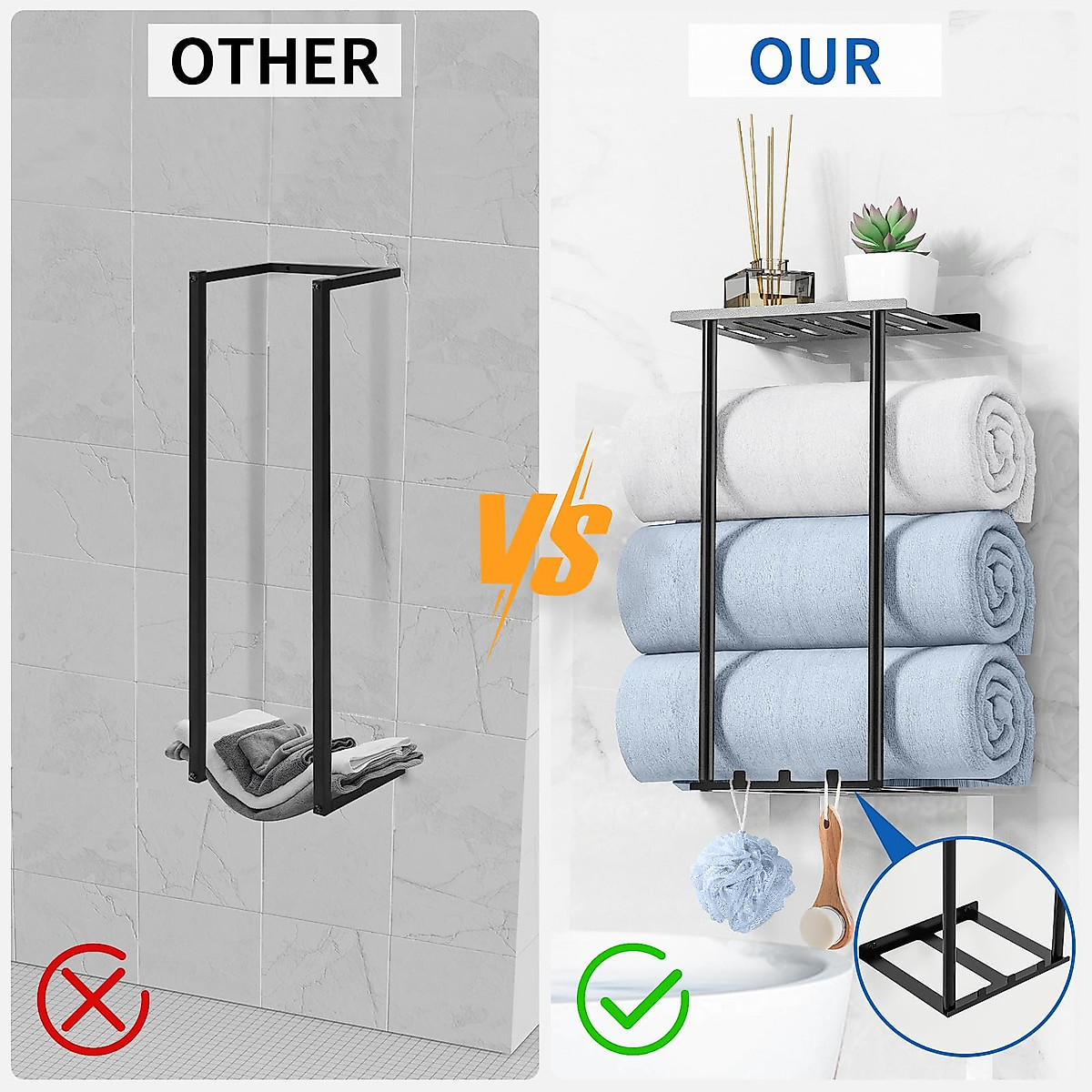Towel Racks for Bathroom, Metal Wall Mounted Towel Rack Sturdy, Towel Storage for Bathroom Rustproof Towel Holder with Hook, Lavatory Bathroom Storage for Large Towels/Rolled Towels - Black