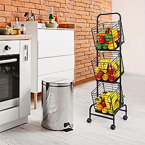 OYEAL 3 Tier Fruit Basket Tiered Market Basket Storage Stand for Kitchen Metal Wire Fruit and Vegetable Storage Basket Food Storage Chart with 4 Wheels