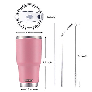 DYNAMIC SE 30oz Tumbler Double Wall Stainless Steel Vacuum Insulated Travel Mug with Splash-Proof Lid Metal Straw and Brush (Pink)