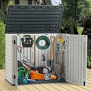 Zevemomo Resin Outdoor Storage Shed, All-Weather Horizontal Tool Shed w/o Shelf, Multi-Opening Door, Reinforced Floor, Lockable, 35 Cu.ft Capacity for Bike, Garbage Cans, Lawn Mower, Garden Tools