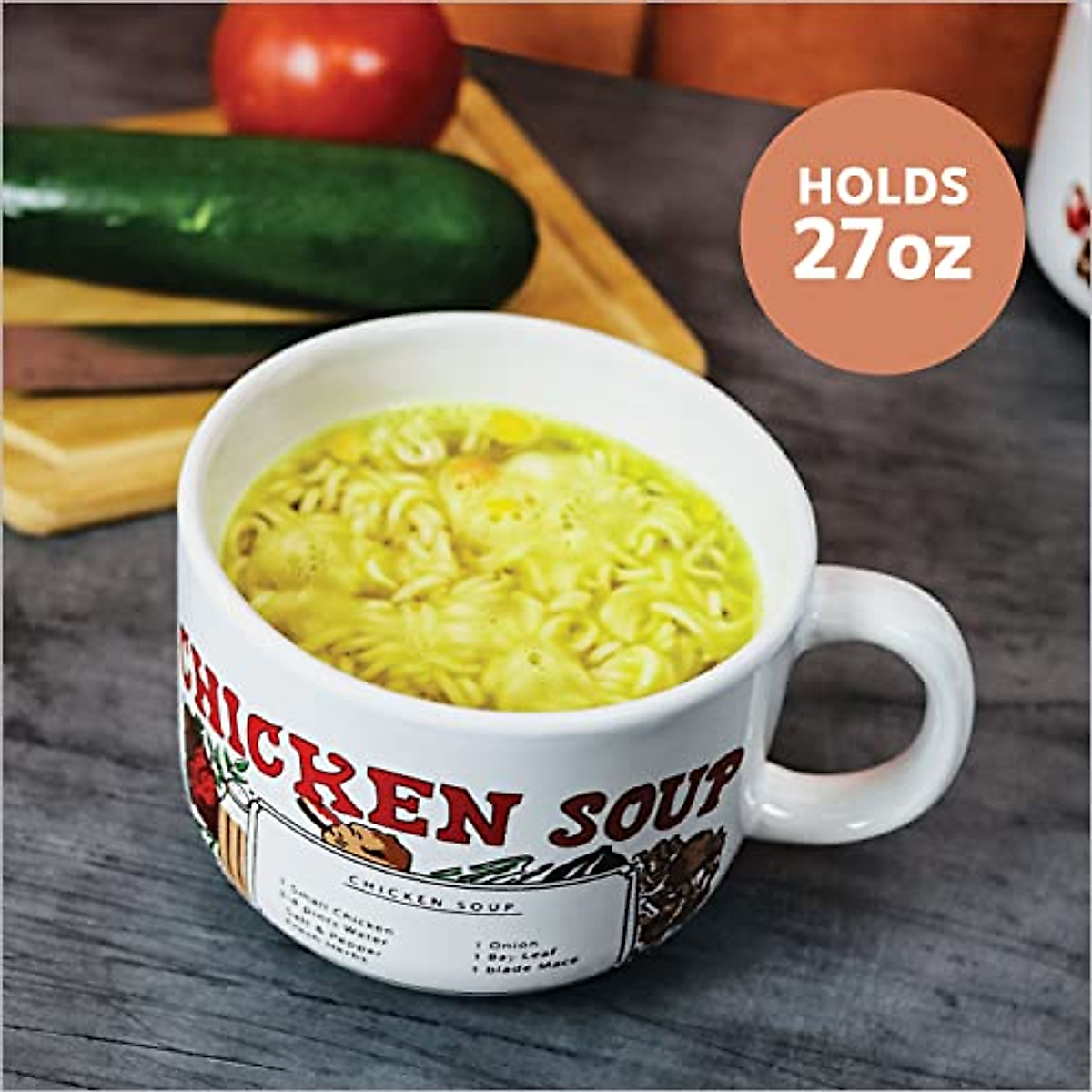 Old & Bold - 4 27 Oz Soup Bowls With Lids - Retro Soup Recipe Ceramic Mugs With Vented Lids and Handles - Pack of 4 - Microwave and Dishwasher Safe - For Soup, Instant Noodles, Cereal