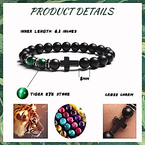 JEWPARK 12Pcs 8MM Cross Beads Semi-Precious Gemstone Bracelet Set Healing Crystal Stone Bracelets for Men Women Round Beaded Stretch Bracelets