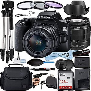 Canon EOS 250D / Rebel SL3 DSLR Camera with EF-S 18-55mm Lens + A-Cell Accessory Bundle Includes: SanDisk 128GB Memory Card Full Size Tripod Gadget Case Much More 18 to 55mm (Renewed)