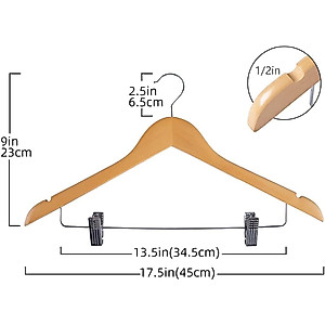 10 Pack Wooden Hangers with Clips Suit/Jacket/Skirt/Coat/Dress/Blouse (Natural)