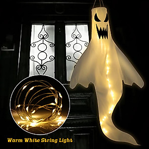 2 Sets Halloween Windsock Flag with LED Lights Outdoor Happy Halloween Hanging Decor for Yard Patio Garden Pathway Party Decoration (Ghost)