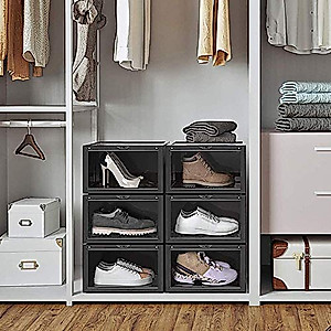 Shoe Storage Boxes Clear Stackable Women Men Sneaker Storage Display Box Foldable Shoe Organizer Box Black Closet Bedroom Plastic Shoe Boxes Black (3 Pack)