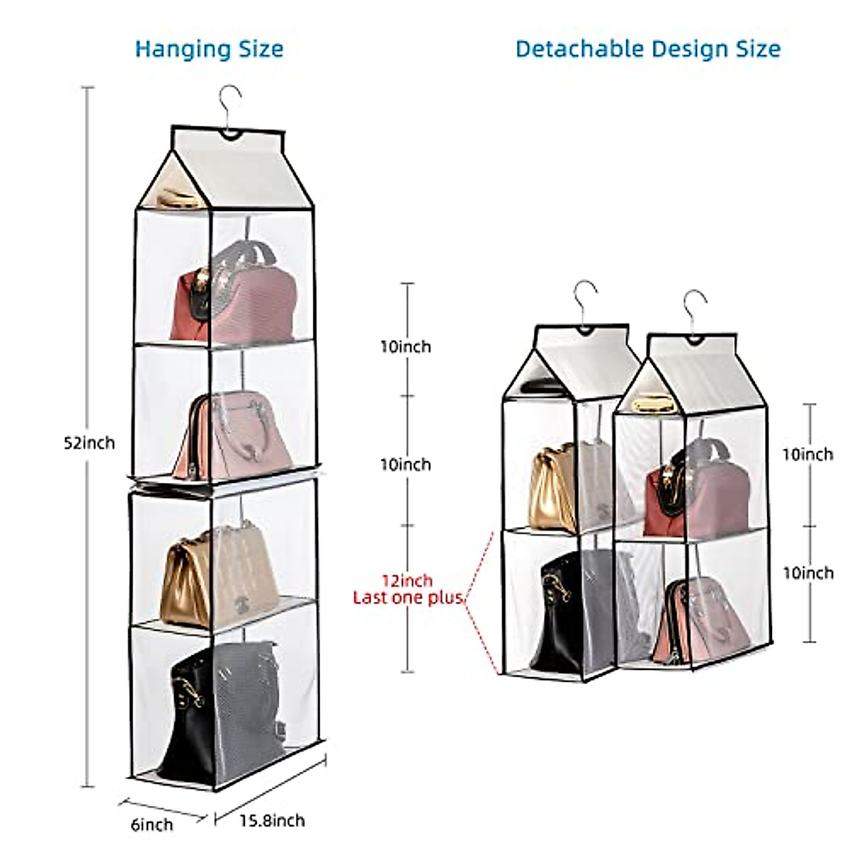 ANSTROUT Hanging Purse Handbag Organizer for Closet, Purse Organizer with 4 Mesh Shelves Handbag Closet Purse Storage Bag (White-2Pack)