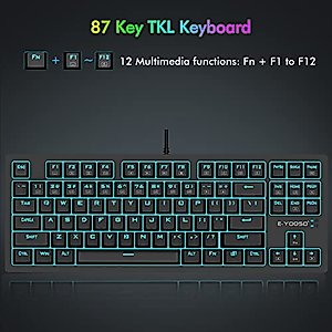 Mechanical Keyboard and Mouse, E-YOOSO Z-737 Wired Gaming Keyboard and Mouse with OUTEMU Blue Switches, 8000 DPI Honeycomb Mouse with Mouse Pad, Blue Backlit & RGB Sidelight 87 Keys Keyboard for PC