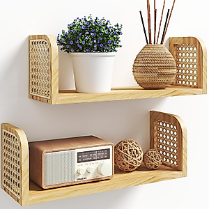 LUPWNEKA Rattan Shelf Set of 2, Cute Nursery Shelves Wall Mounted, Natural Hanging Bookshelf Storage, Boho Decorative Floating Shelves for Kids Room, Living Room, Play Room, Bedroom, Home Decor
