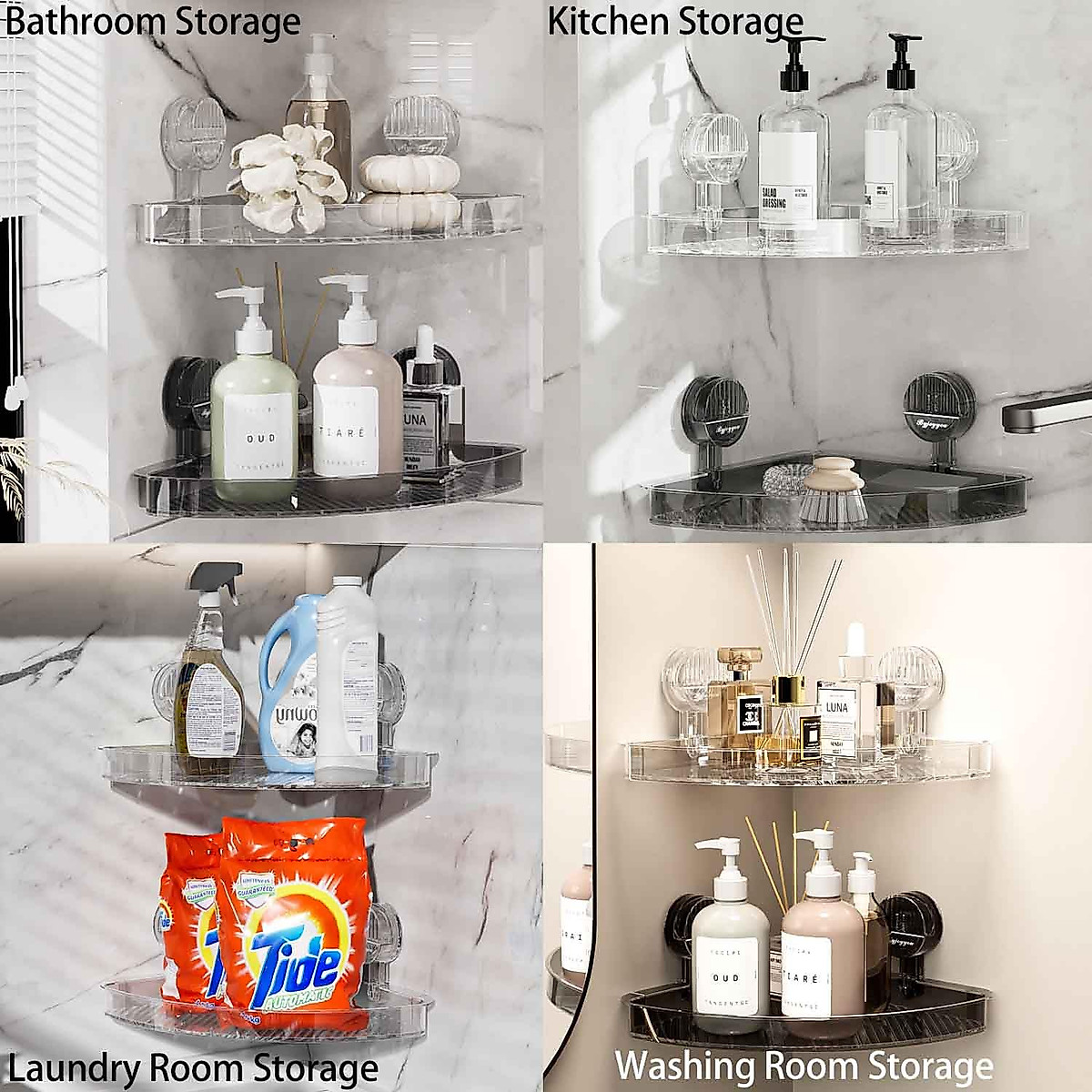 Shower Caddy, Suction Cup Shower Organizer Bathroom Removable Shower Basket Strong Suction Shower Shelf Shower Rack, Clear White Corner