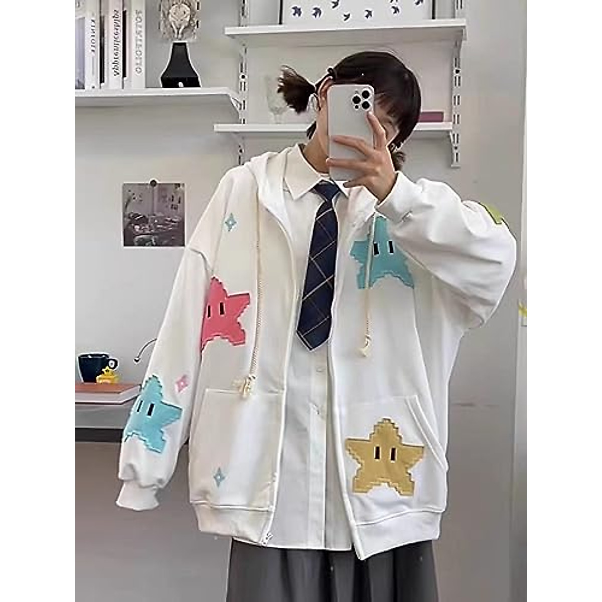 Cbsdezanos Women Y2k Zip Up Hoodie Star Graphic Oversized Sweatshirt Hip Hop Aesthetic Hoodies Punk Goth Jacket Streetwear (star graphic White, S)