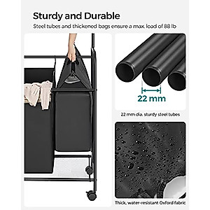 SONGMICS 4-Section Laundry Sorter, Rolling Laundry Cart with Hanging Bar, Laundry Organizer, Hampers for Laundry, Heavy-Duty, Lockable Wheels, 4 x 13.2 Gal., Black URLS44B