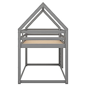 Twin Over Twin Low Bunk Bed, Wood House Bunk Bed Frame with Ladder, Guardrail and Roofs Floor Bunk Bed for Kids, Teens, Girls, Boys,Gray